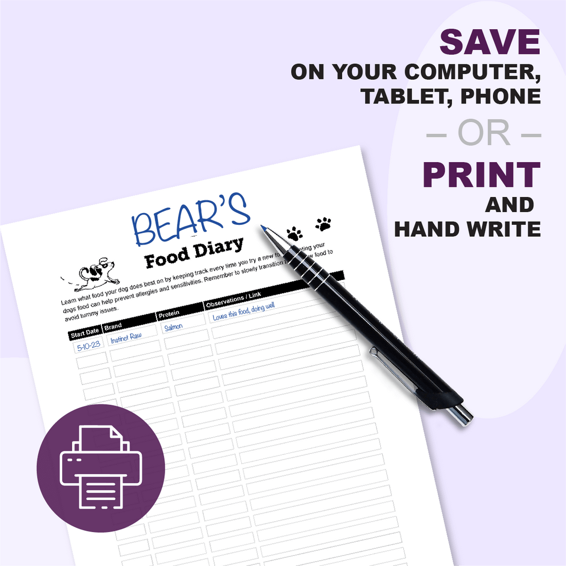 Digital and Printable Dog Food Diary (with Bonus Transition Chart ...