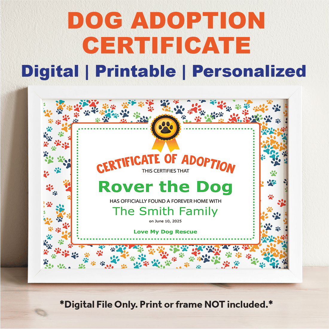 Personalized Dog Adoption Certificate Printable Template - Bright Paw ...
