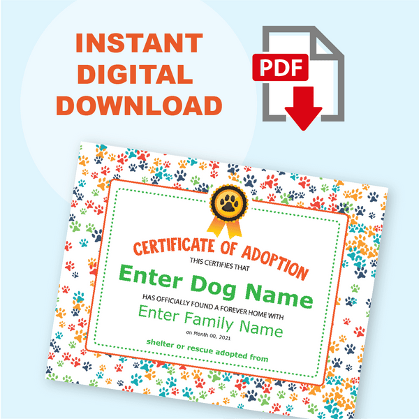 Personalized Dog Adoption Certificate Printable Template - Bright Paw ...
